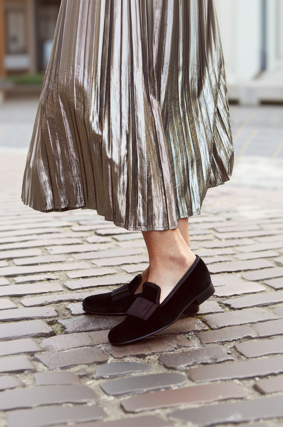 Black Velvet Albert Slippers with Flat Bow | Bowhill and Elliott