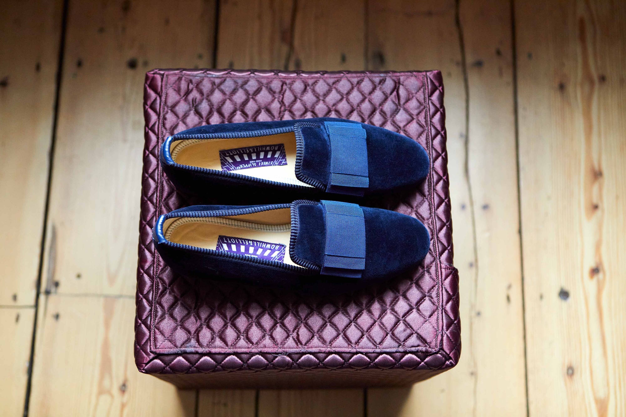 Navy Velvet Albert Slippers with Flat Bow | Bowhill and Elliott