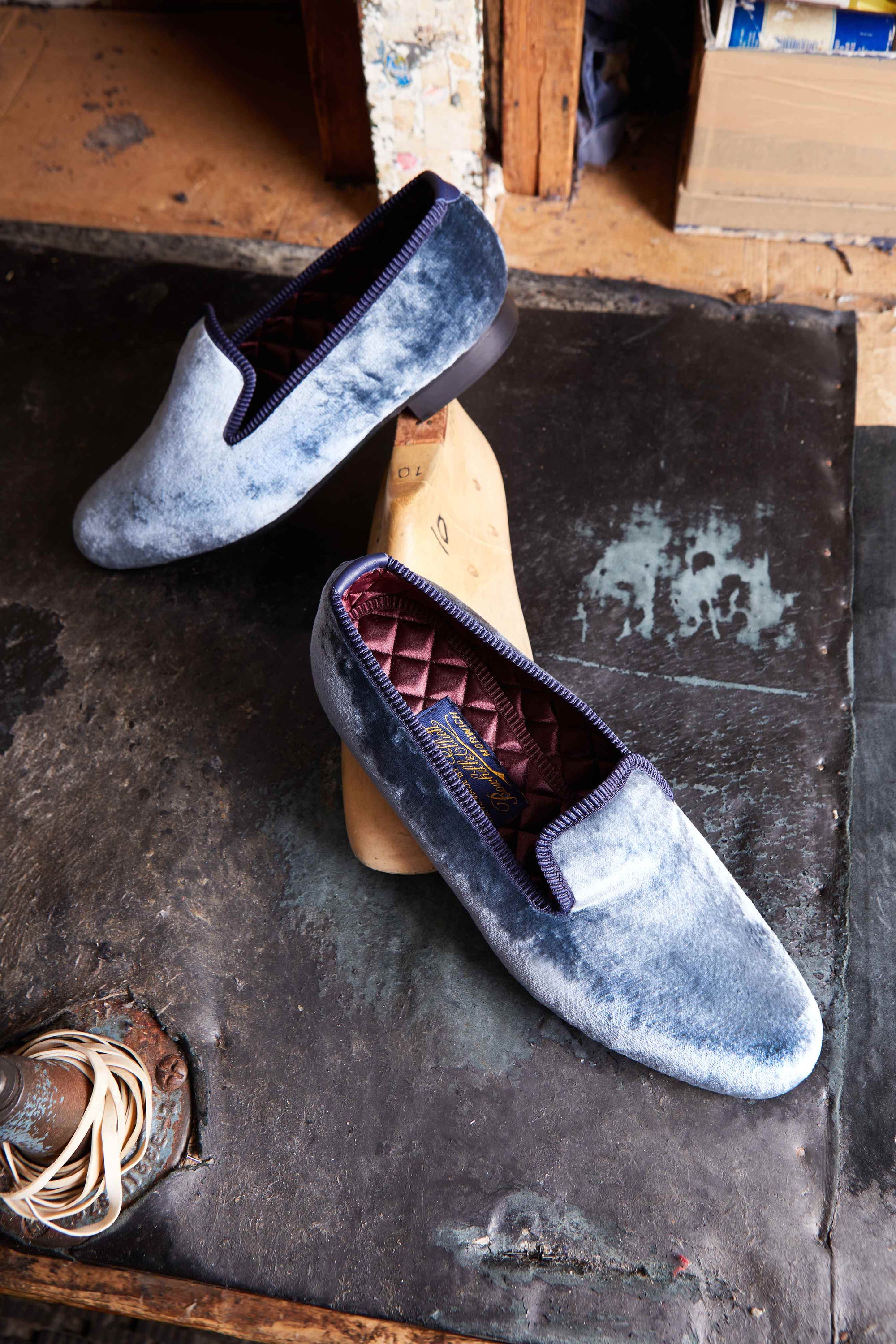 French Blue Vintage Silk Velvet Albert Slippers | Bowhill and Elliott