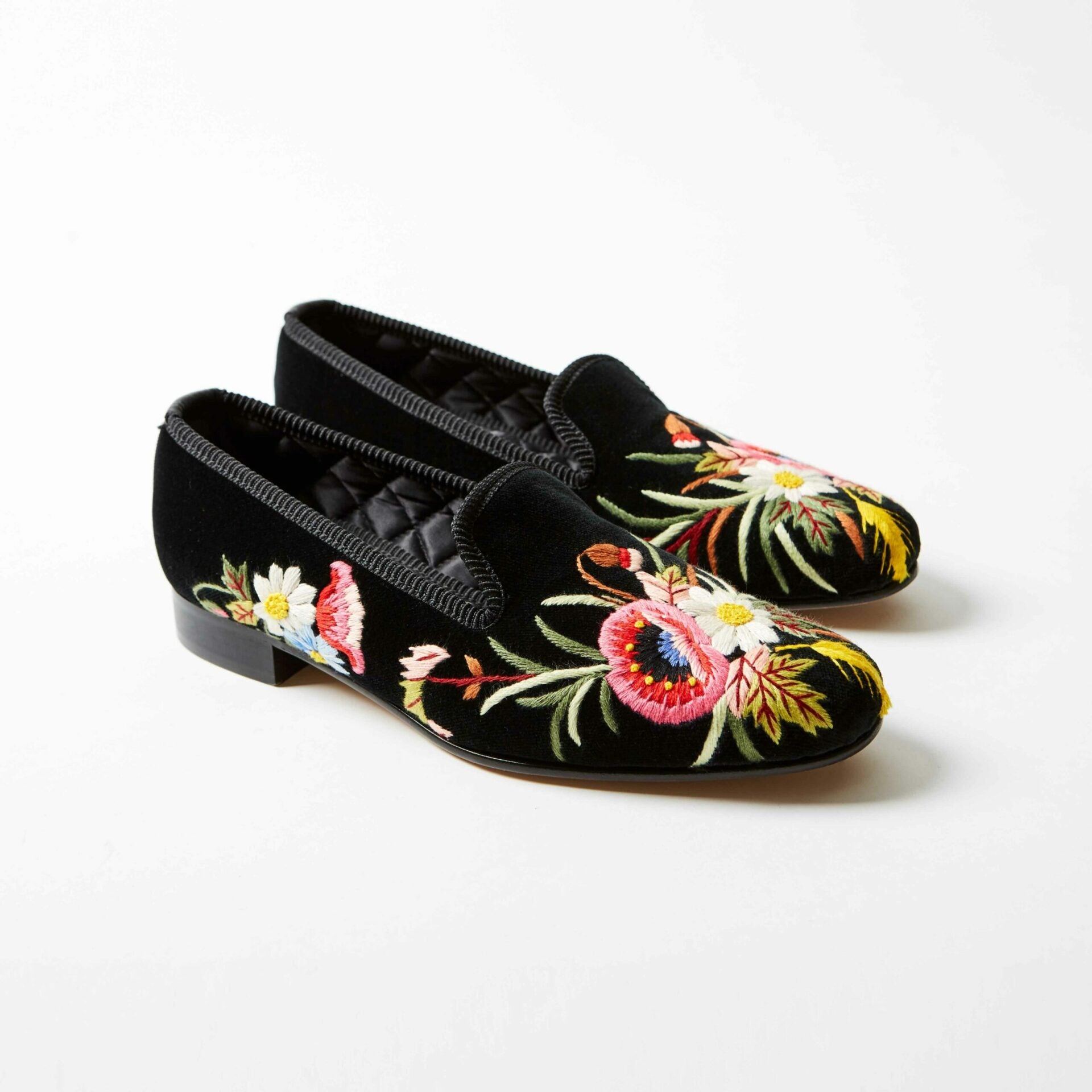 Black Velvet Albert Slippers with Embroidered Poppies | Bowhill and Elliott