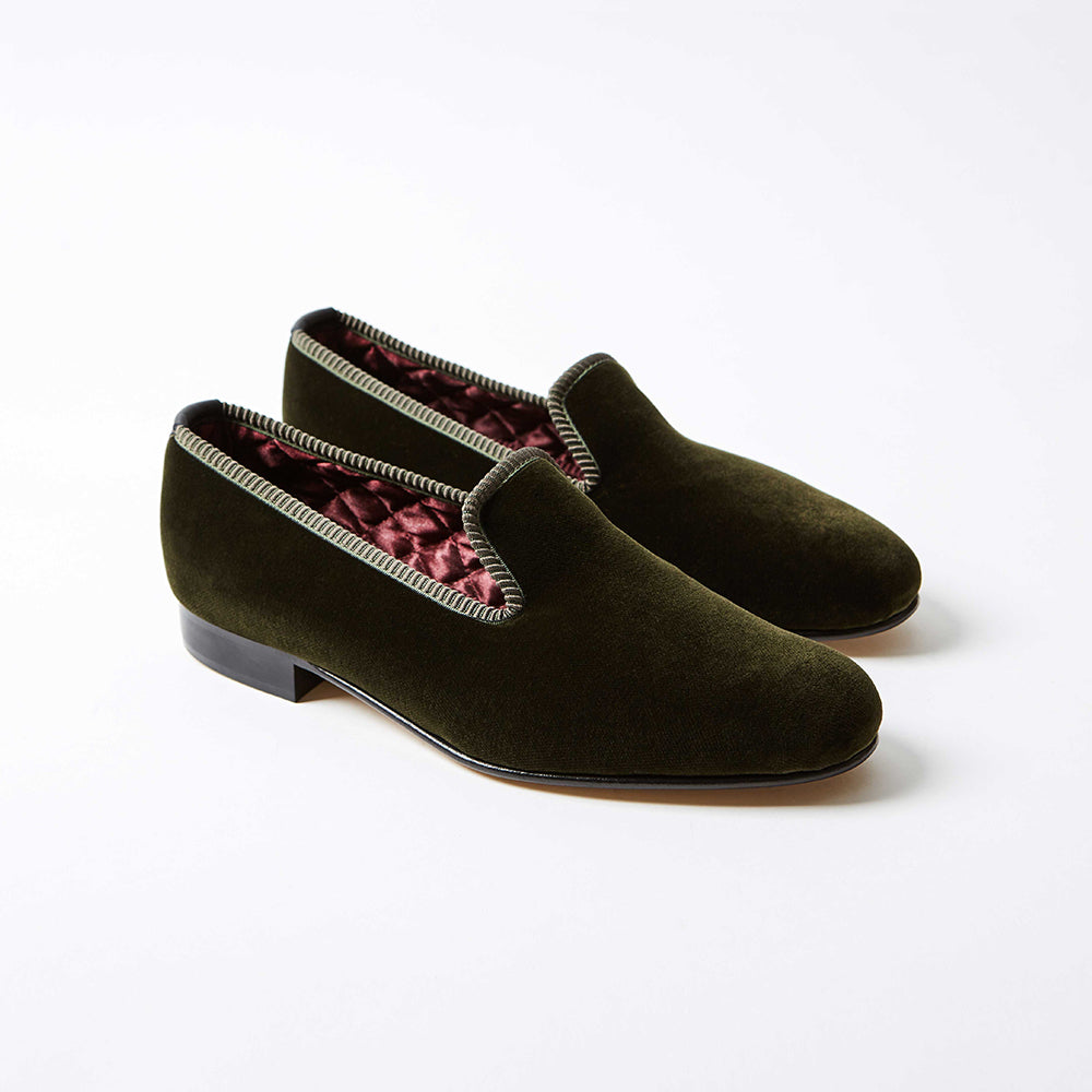 Olive Velvet Plain Albert Slippers | Bowhill and Elliott