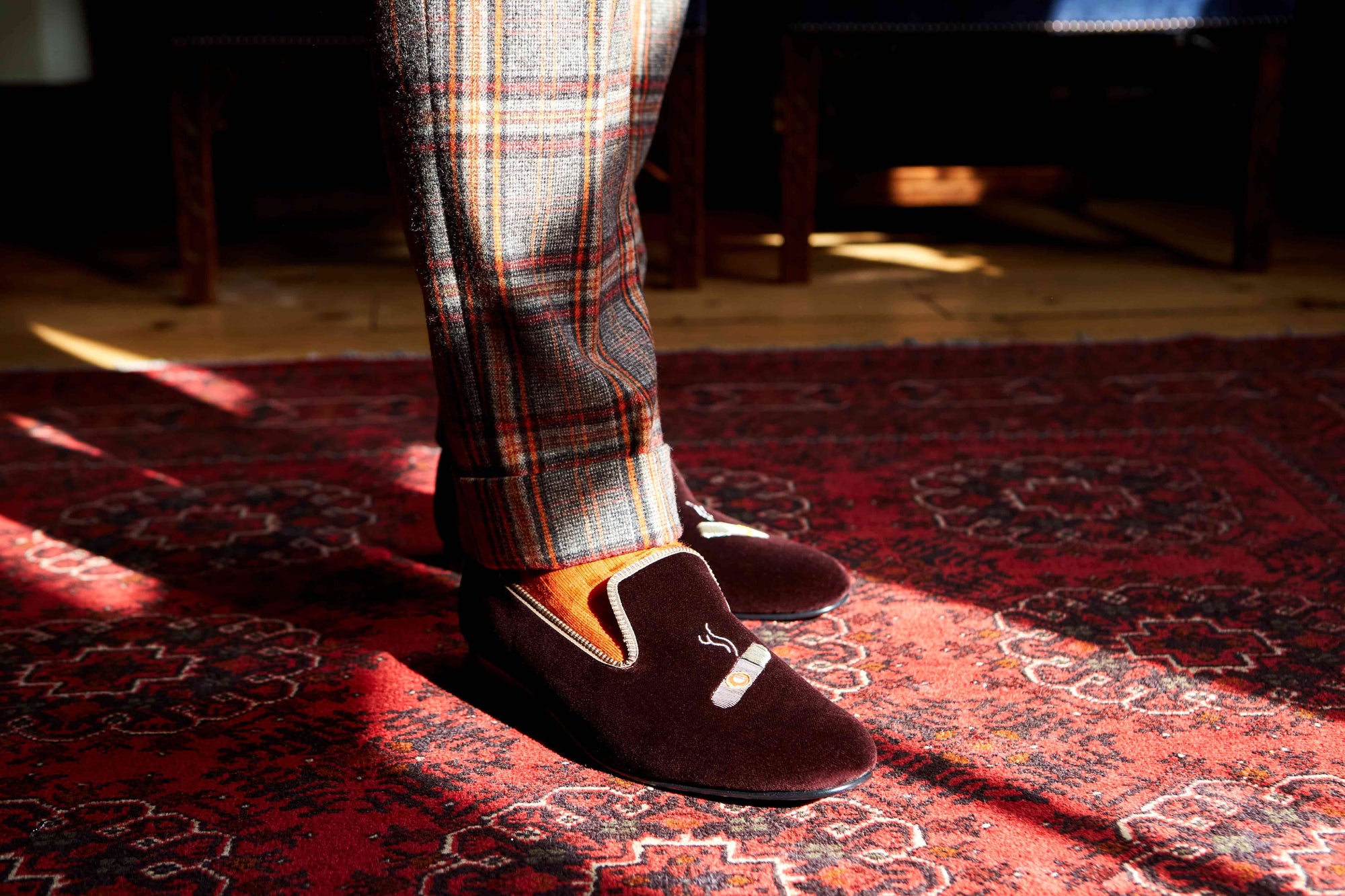 Brown Velvet Albert Slippers with Embroidered Cuban Cigar | Bowhill and ...
